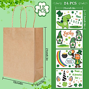 Whaline St Patrick's Day Kraft Paper Gift Bags Party Bag with Handles 24 Sheet DIY Stickers Shamrock Green Unicorn Gnome Goody Bags Irish Birthday Party Supplies Gift Wrap, 6 x 3 x 8.3inch
