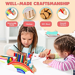 GAMENOTE Wooden Pen Holder & Pencil Holders - Rainbow Supply Caddy Phone Holder Desk Organizer for Office Supplies Makeup Brush Classroom Organization for Women & Kids