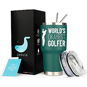 JENVIO Golf Gifts For Men | Worlds Okayest Golfer Insulated Stainless Steel Travel Tumbler Mug Including 2 Lids and 2 Straws | Funny Gag Cup Dad Father Husband Retirement Stuff Valentine's Day Gift