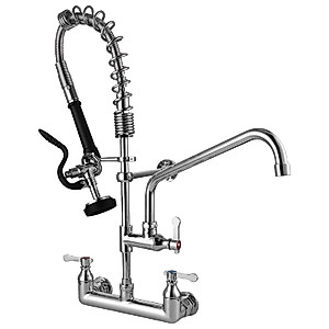OIERZIN Commercial Faucet Wall Mount with Sprayer 25" Height, 8 Inch Center Brass Constructed Wall Mount Kitchen Sink Commercial Faucet with Pull Down Pre Rinse Sprayer and 12" Add-on Spout