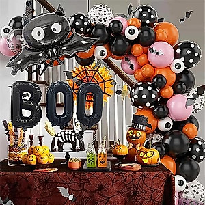 Halloween Balloons Arch Garland Kit 107Pcs, Black Orange Pink White Halloween Balloons BOO Metallic Balloons, Cute Cartoon Bat Balloons Bat Stickers for Birthday Halloween Party Decoration Supplies