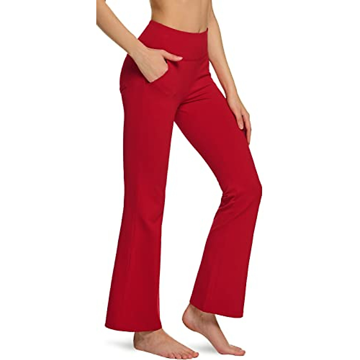 TSLA Womens Bootcut Yoga Pants with Pockets, Tummy Control High Waist Bootleg Yoga Pants, 4 Way Stretch Workout Pants, Bootcut Petite Red, Large