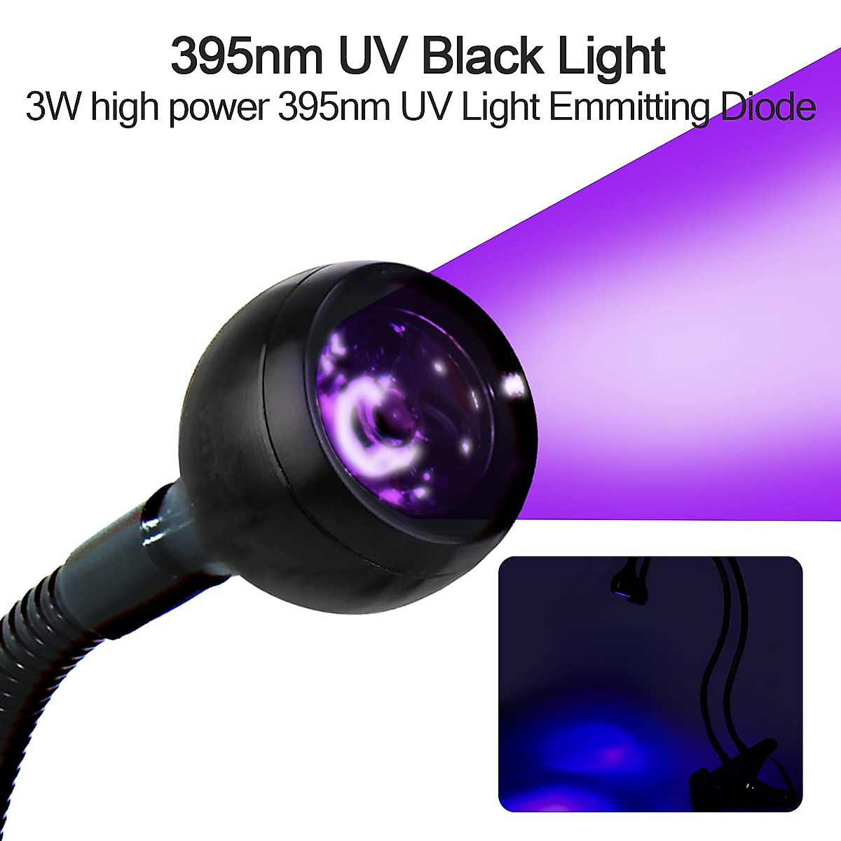 EUGOBRTEN 3W 395NM USB LED Black Light with Clamp, Flexible 360 Degree Gooseneck, Portable Adjustable Purple Lamp for Fluorescent Pattern, Background Light