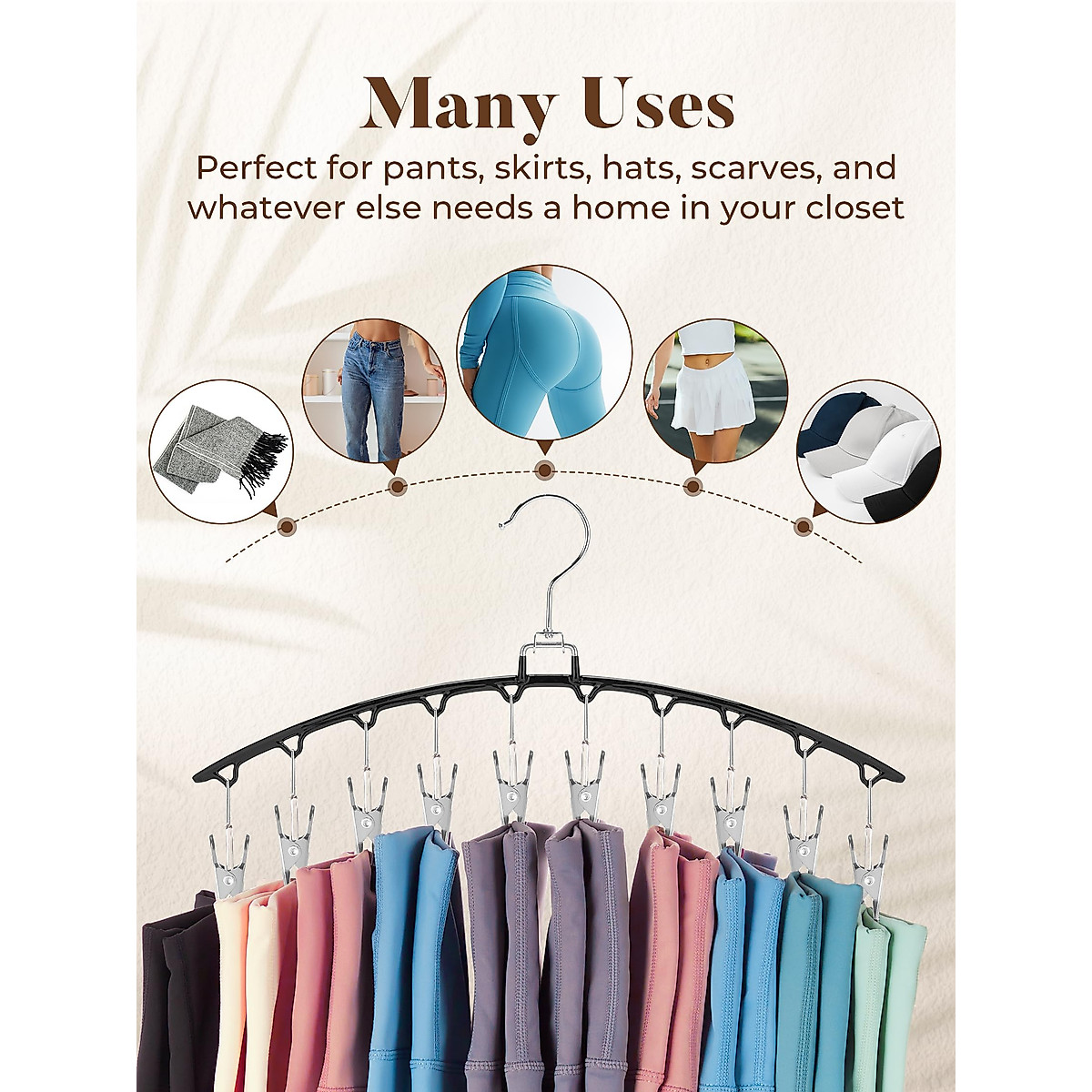 HOUSE DAY Legging Organizer for Closet, Metal Yoga Pants Hanger 2 Pack w/10 Clips Holds 20 Leggings, Space Saving Hanger Closet Organizers and Storage, Clips Hanger for Pants, Skirts, Hats, Black