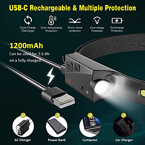 LED Rechargeable Headlamp,2.47oz Lightweight Headlight, 230° Illumination Motion Sensor Head lamp Flashlight, 5 Modes for Outdoor Camping,Running,Cycling,Fishing (1 pcs)