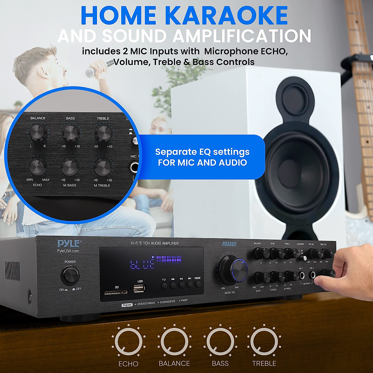 Pyle Wireless Bluetooth Audio Amplifier - 5 Channel Sound Stereo Amp for Home Speakers - Multi-Source 1/4” Audio/Microphone Input, MP3/USB/SD, AUX, FM Radio - FM Antenna, Remote Control