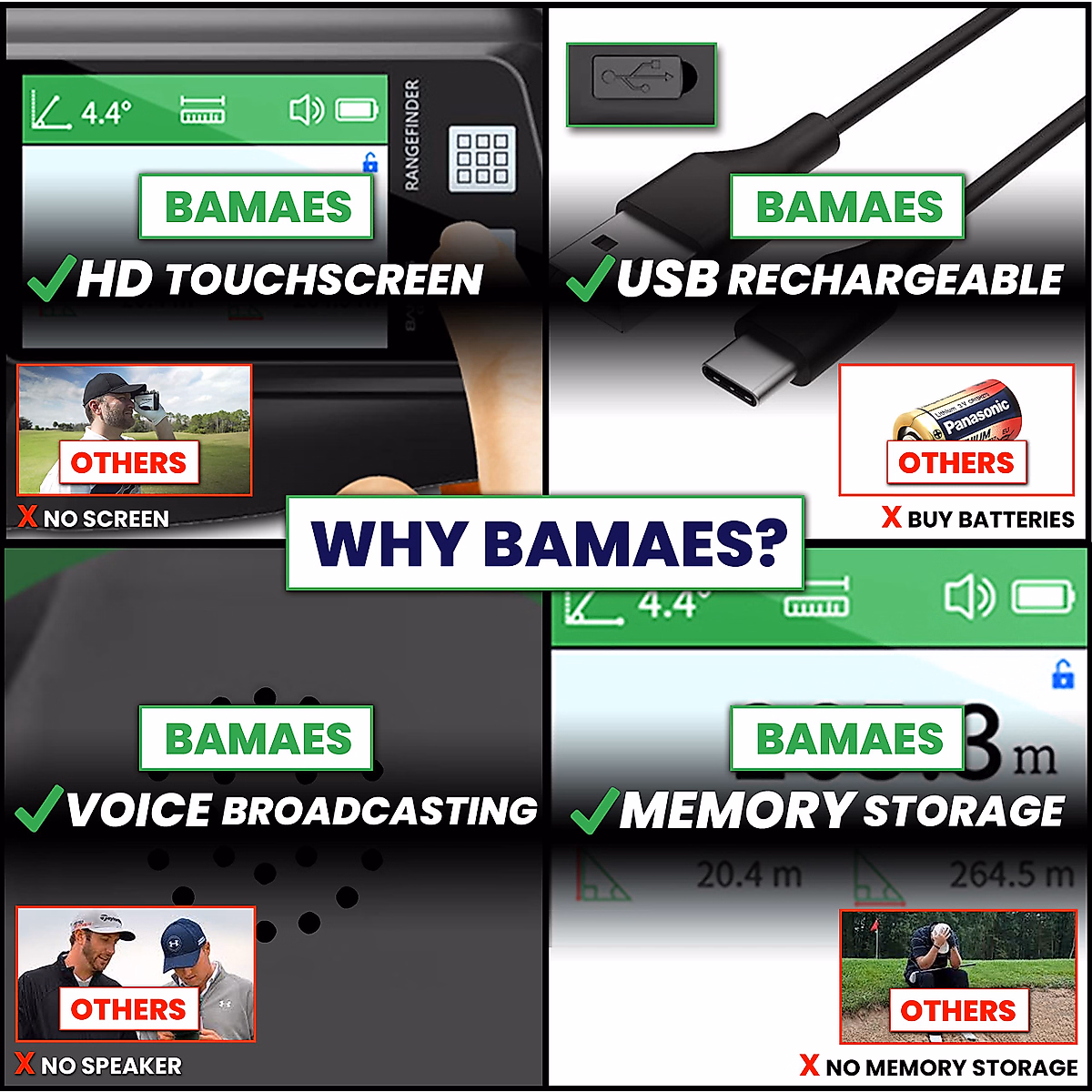 BAMAES Golf Rangefinder with Slope and HD Touchscreen - 650 Yard Range 6X Magnification - Flag Lock & Vibration - USB Rechargeable - Memory Storage - Voice Broadcasting - Professional Distance Finder