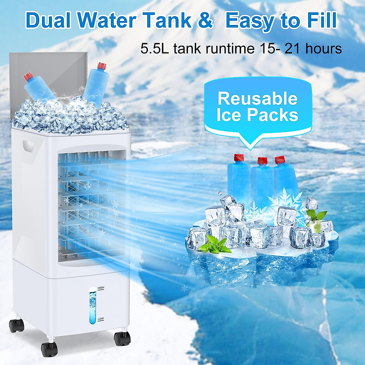 Portable Air Conditioners, 3-IN-1 Air Conditioner Portable for Room, [1.45 Gal Tank] Portable AC Cooling Fan w/ 3 Spds & Cooling Modes, Swing, 7H Timer, Quiet Evaporative Air Cooler for Home Office