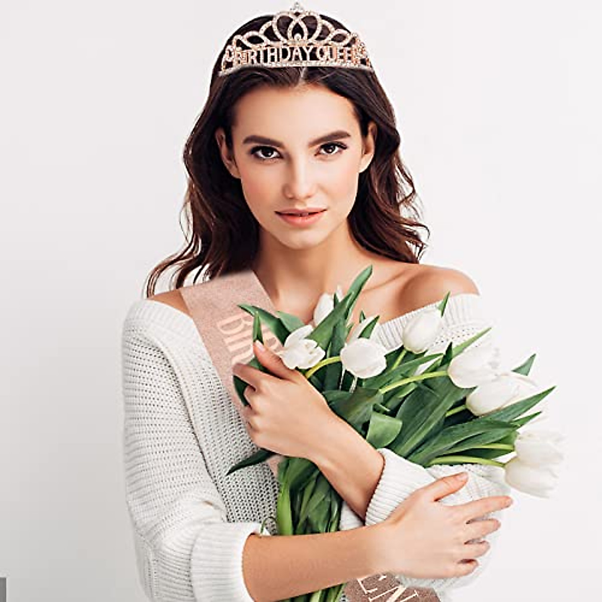 CAVETEE Rose Gold Birthday Crowns for Women Birthday Queen Sash and Tiara for Women Rose Gold Birthday Party Decorations for Women Birthday Sash and Crown for Women