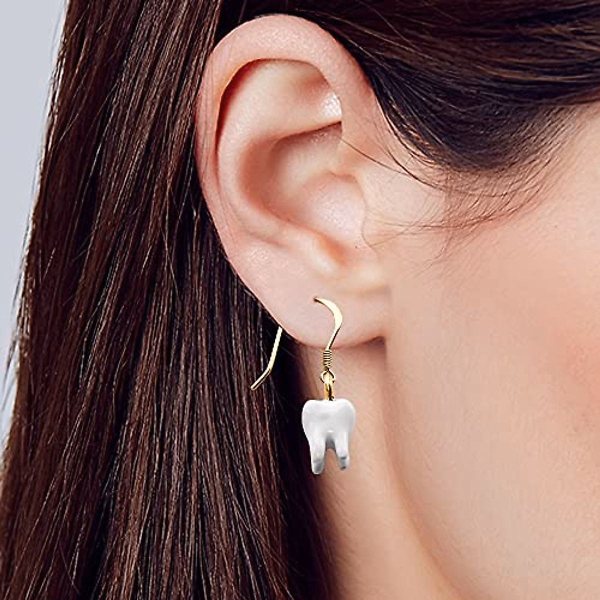 Whimsical Gifts Handpainted Dental Tooth Charm Earrings | Handmade in USA | Antique Gold Finish| French Wire Hooks | Lead-free Pewter