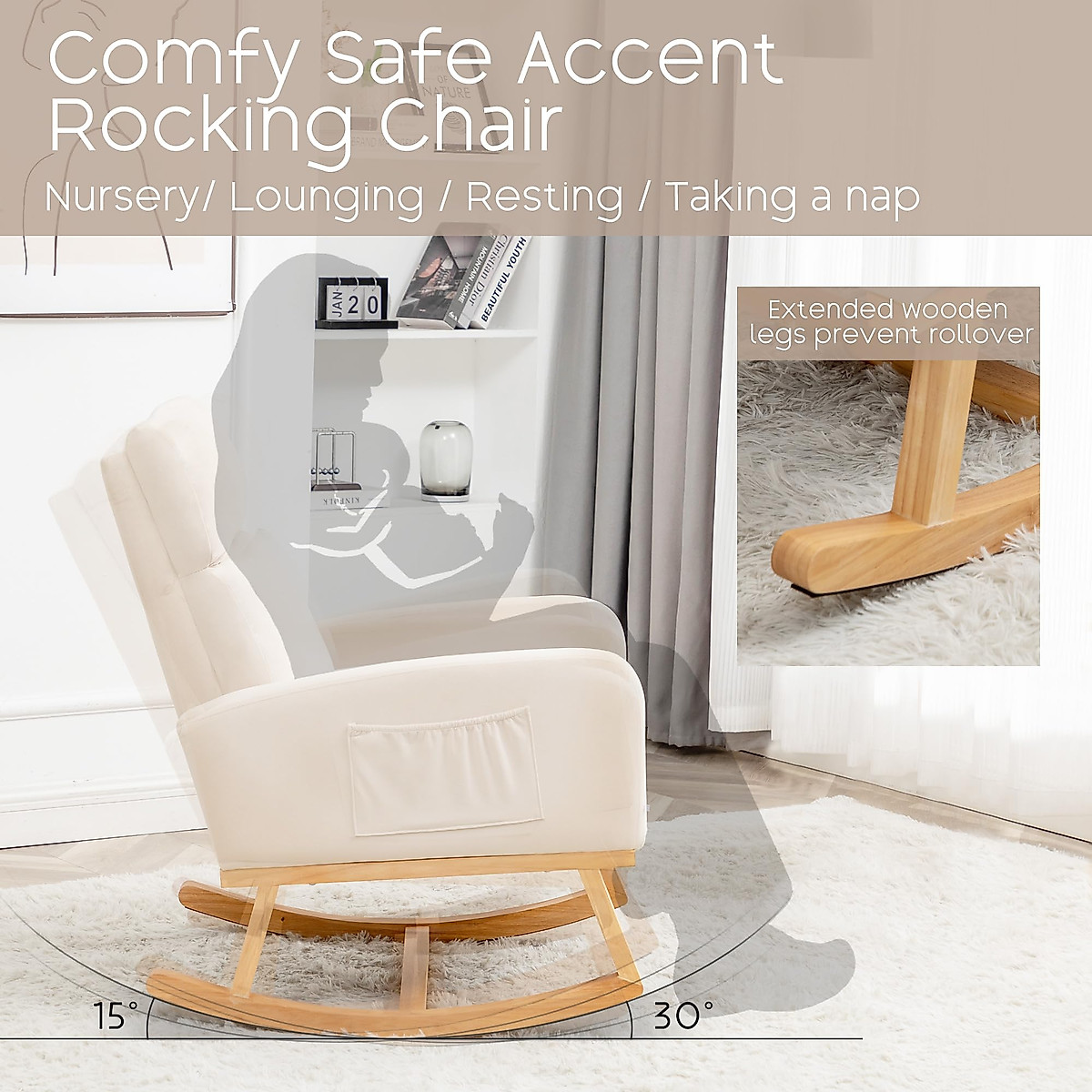 YUUIJOAA Rocking Chair Nursery - Glider Modern Accent Chairs Upholstered Velvet Nursing Rocker Padded Armchair for Indoor Living Room Bedroom Beige