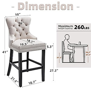 GOOLON Bar Stools Set of 2, Velvet 26 Inch Seat Height Counter Height Barstools with Back, Rivet Trim Bar Chairs for Kitchen Island Metal Pull Ring Wood Legs, Beige