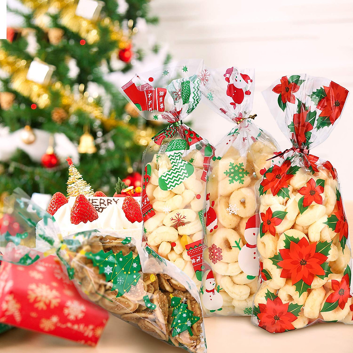 100 Pieces Christmas Cellophane Bags Candy Gift Bags Goodies Treat Bags with 150 Pieces Twist Ties for Christmas Party Packaging Supplies (Style 5)