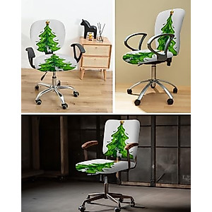 Christmas Tree Office Chair Cover Stretchable Computer Chair Seat Cover Backrest Slipcovers, Stretchable Rotating Desk Chair Seat Cushion Split Protectors Modern Geometric Green Elk Star Bird