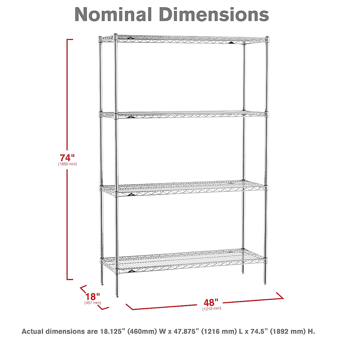 Metro EZ1848NC-4 Super Erecta Industrial Wire Shelving 4-Shelf Convenience Pak, Chrome, 18" x 48" x 74.5"