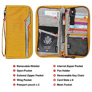 ZOPPEN Passport Holder Family Women/Men, Travel Wallet RFID Passport Wallet Travel Essentials Documents Organizer Zipper Case with Removable Wristlet Strap, Yellow