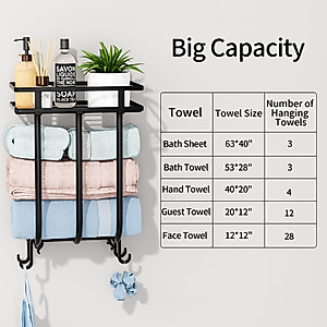 GAGUIUP Towel Racks for Bathroom, Wall Mounted Towel Rack with Metal Shelf & 4 Hanging Hooks, Towel Shelf Towel Storage for Small Bathroom, Can Hold 3 Large Size Rolled Towel Holder Organizer, Black