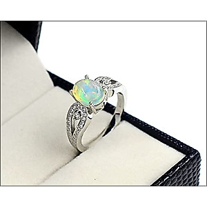 9X7 MM Oval Natural Ethiopian Opal Cabochon Gemstone 925 Sterling Silver October Birthstone Solitaire Unisex Proposal Ring Valentine's Day For Girlfriend Gift (Rhodium Plated Silver, 9.5)