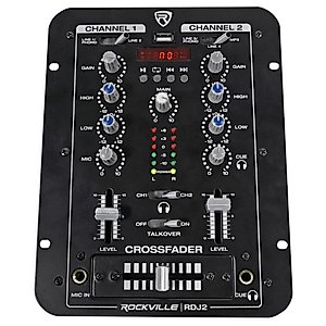 Rockville 2 Channel DJ Mixer with USB, Cue Monitor, Talkover, 4 Line Inputs (RDJ2)