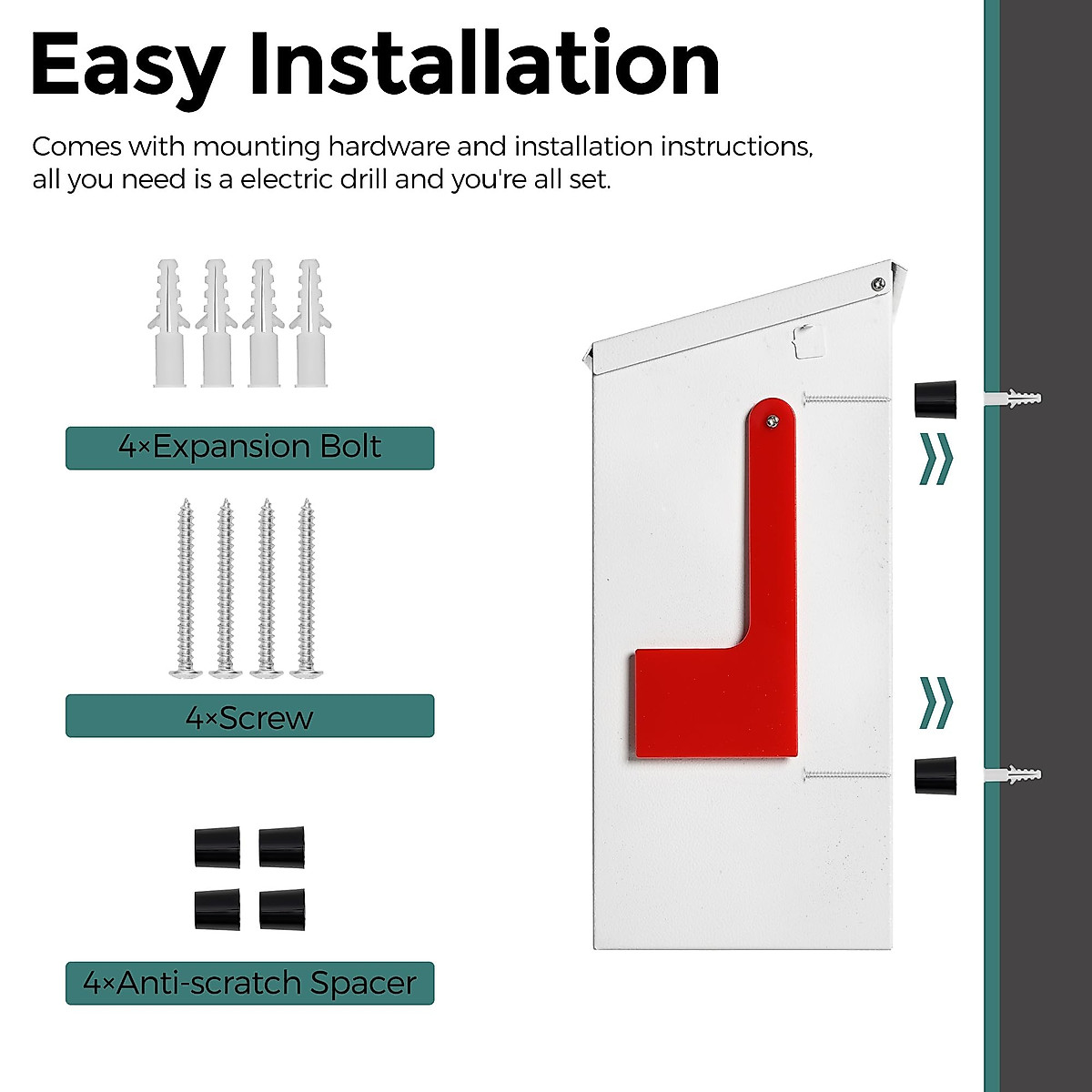 LAND·VOI Wall-Mount Mailbox with One Flag Kit and Three Sets of 0-9 Mailbox Number Stickers, Galvanized Steel Rust-Proof Metal Post Box, Mailboxes for Outside, 4.33" Dx14.2 Wx10.43 H, White AMB03W