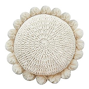 Boho Round Throw Pillow with Cute Handmade Pom Poms Tassels 18 Inch, Decorative Circular Knitted Crochet Cushion for Couch, Sofa, Chair, Bed, Beige