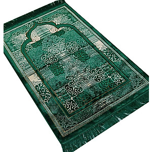 Modefa Turkish Islamic Prayer Rug | Soft Velvet Janamaz Praying Carpet | Muslim Praying Mat for Men & Women Ramadan or Eid | with Car Hanger | Classic Elegant Swirl (Green)