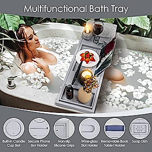 Foldable Bathtub Caddy Tray, Bamboo Bath Tub Tray Table for Tub with Wine Glass Holder Book Phone Tablet Holder with Extending Sides, Adjustable Bathroom Bathtub Free Soap Holder Gift Idea (Grey)