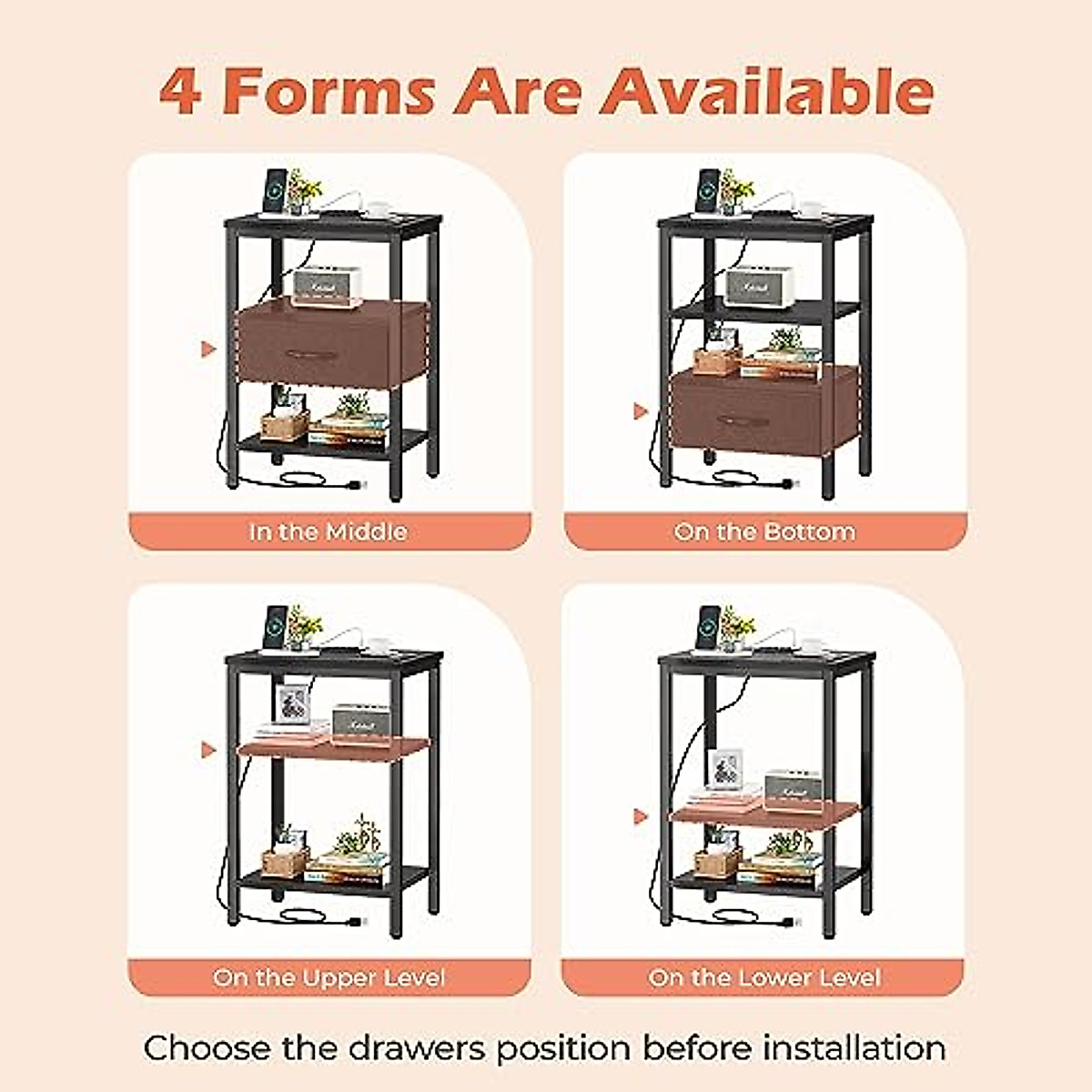 SUPERJARE Nightstands Set of 2, Bed Side Tables with Charging Station, Adjustable Fabric Drawer, Night Stands for Bedroom, 3-Tier Storage End Tables, Black