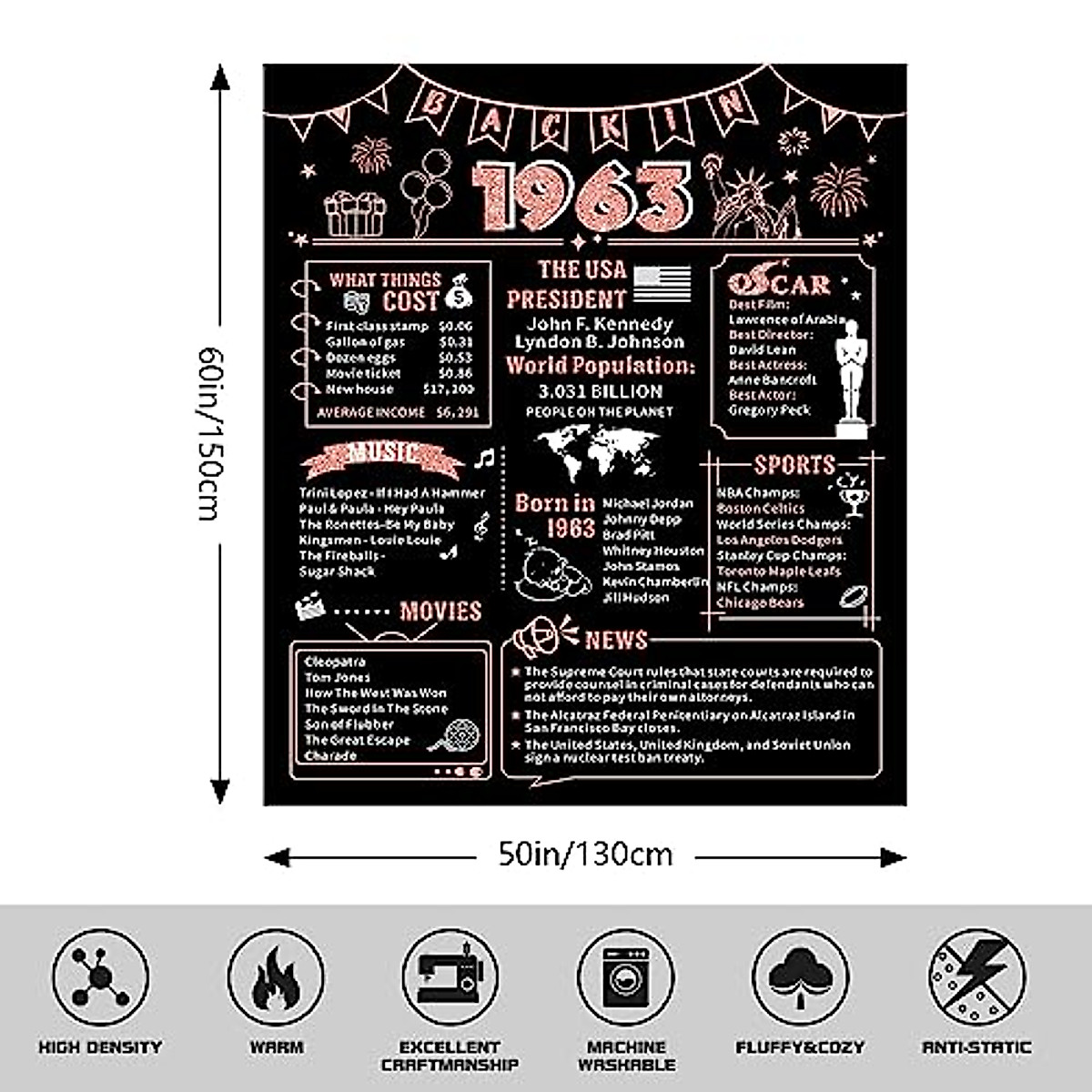 AYPUG 60th Birthday Gifts for Women - 50"x60" Throw Blanket 60th Birthday Decorations for Girl, 60th Birthday Gift Ideas, Back in 1963 Throw Blanket Grandma/Mom Birthday Gifts (Back in 1963)