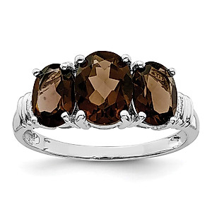Solid 925 Sterling Silver 3 Stone Chocolate Brown Smoky Quartz and Diamond Engagement Ring Size 7 (.01 cttw.)