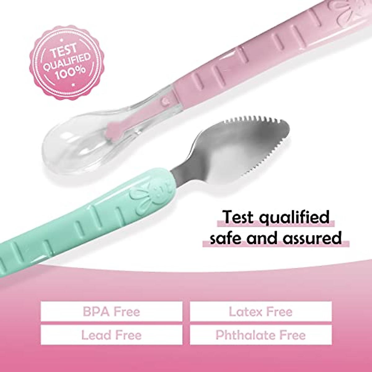 Baby Feeding Spoon, ROPOSY Double-Ended Silicone Baby Spoon, BPA-Free First Upward Self Feeding Baby Utensils for 6 Months+, 1-Pack, 2 Spoons in Cyan/Pink