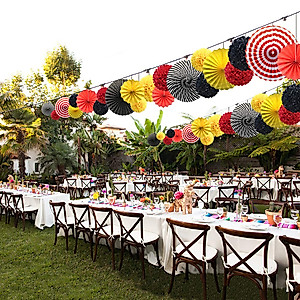 Red Yellow Black Hanging Paper Party Decorations, Round Paper Fans Set Paper Pom Poms Flowers for Mickey Mouse Theme Firetruck Birthday Wedding Graduation Baby Shower