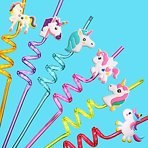 24 Reusable Unicorn Drinking Plastic Straws + 6 Temporary Tattoos for Girls | Birthday Party Supplies - Rainbow Unicorn Party Favors Decorations with 2 Cleaning Brush