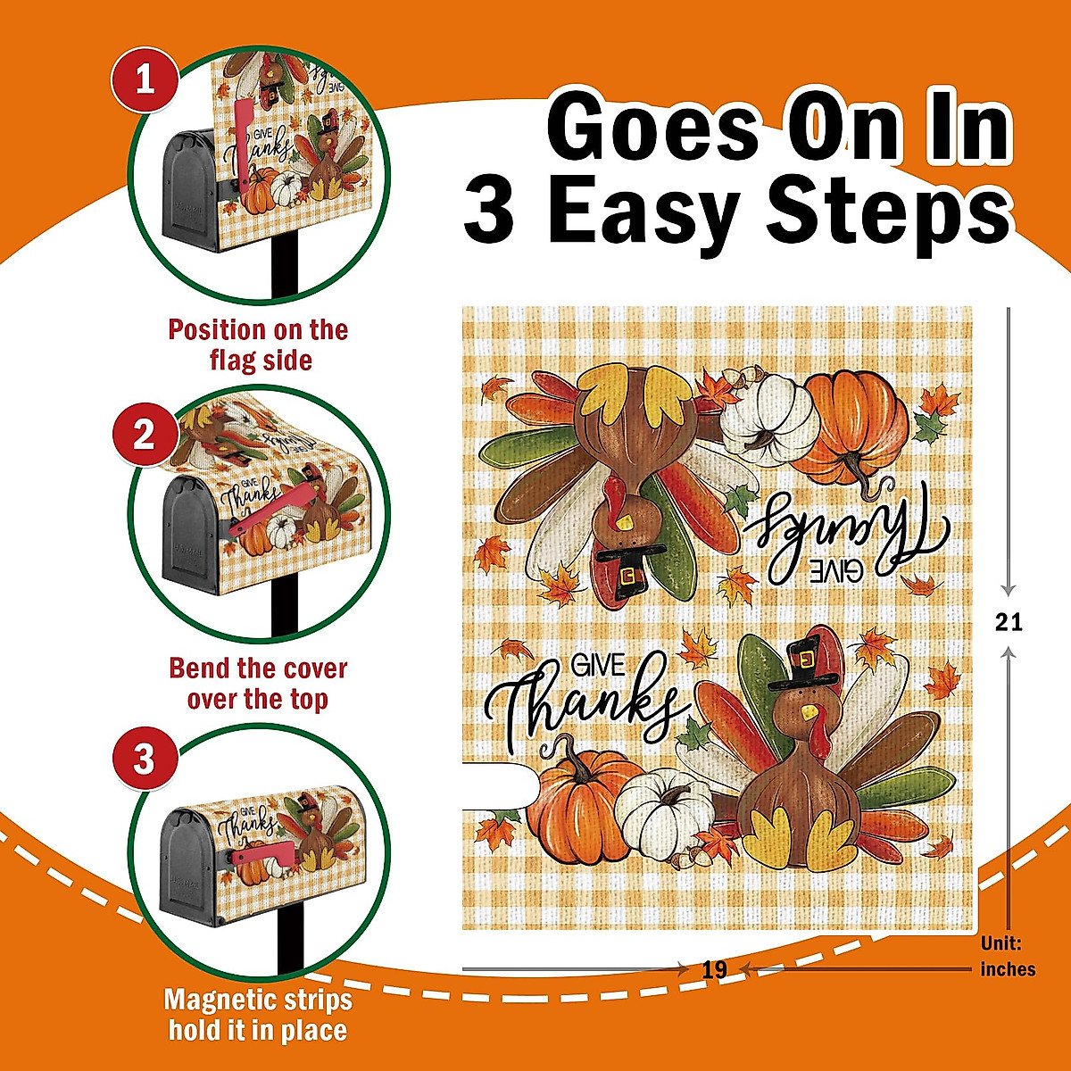 FBCOO Thanksgiving Turkey Mailbox Cover Magnetic Standard Size 20.5" x 18", Give Thanks Pumpkin Fall Decorative Post Letter Box Decor, Autumn Check Farmhouse Garden Yard Outdoor Decoration