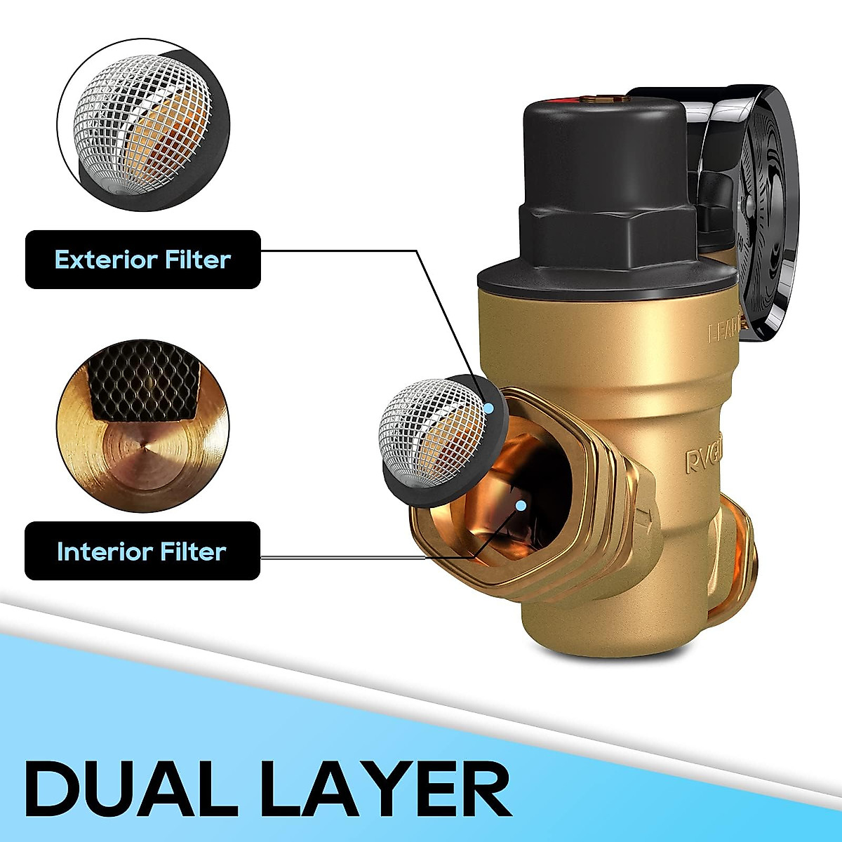 RVGUARD RV Water Pressure Regulator Valve, Brass Lead-Free Adjustable Water Pressure Reducer with Gauge and Inlet Screen Filter for RV Camper Travel Trailer