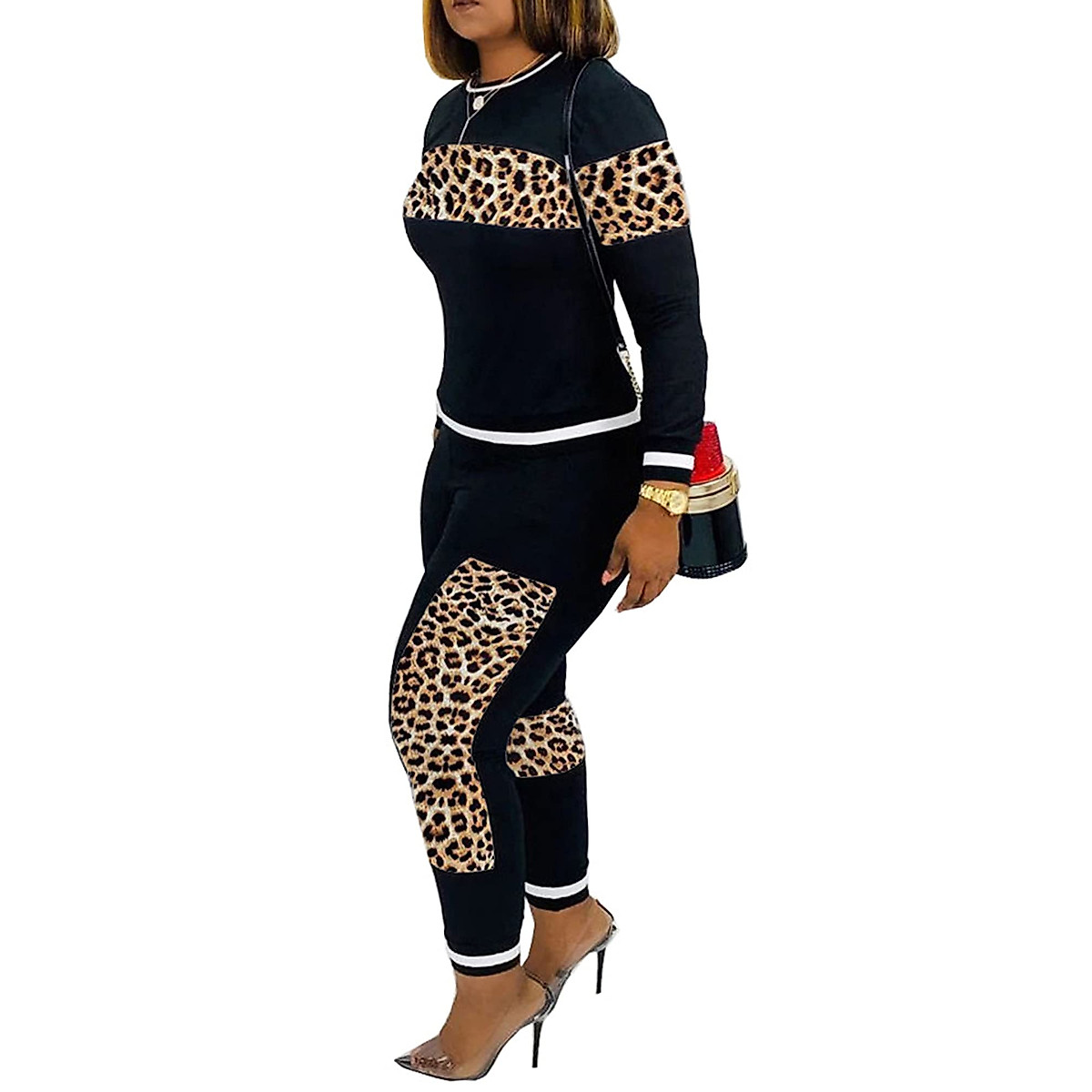 Alunzoem Womens Casual 2 Piece Outfits, Leopard Print Long Sleeve Top Pants Set Tracksuits Black XL