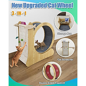 MIWOOYY Large Cat Exercise Wheel with Scratcher and Storage - 40 Inch Natural Solid Wood Cat Treadmill for Indoor Cats Run Motion & Play (Snail)