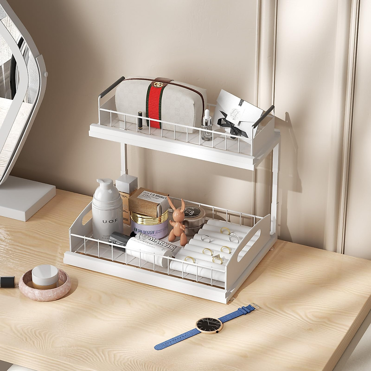 HOJAYK Under Sink Organizer, 2-Tier Metal Put Out Under Kitchen Sink Organizers and Storage, Sliding Shelf Cabinet Organizer for Kitchen, Bathroom, Desk - White