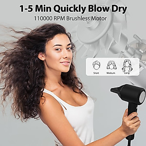 LOVEPS Hair Dryer with Diffuser, 110000 RPM Brushless Motor Ionic Blow Dryer, Portable Quiet Electric Hair Dryers Low Noise, Magnetic Nozzle, Fast Drying for Travel, Salon, Women Gifts - Black