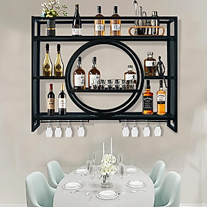 Wall Mounted Wine Rack, Hanging Metal Round Wine Rack Cabinet, Multifunctional Storage Rack, Vintage Style Wine Bottle Shelf, with Wine Glass Holder, for Home Restaurant Bars (120cm/47.2in)