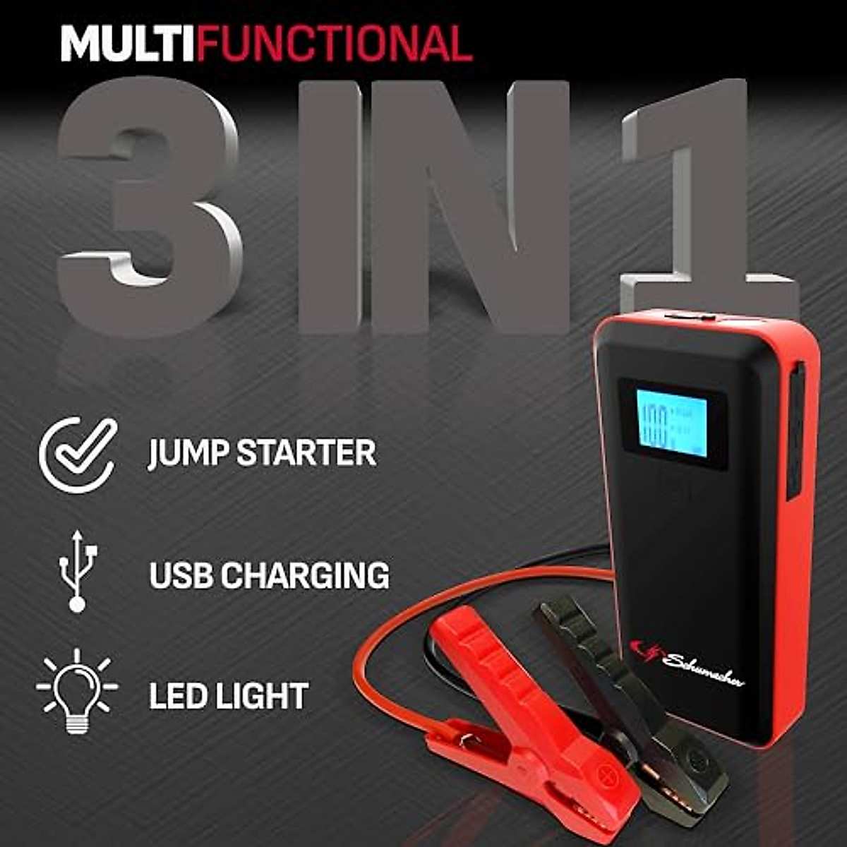 Schumacher Electric Lithium Jump Starter and Portable Power Pack, SL1639, 1000 Amps, 12 Volt, 2.4 Amp USB Port, for Motorcycle, Car, Truck, and Boat Batteries, Digital Display
