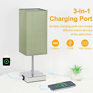 SEEDED-DESIGN Touch Control Table Lamp, Bedside Lamp with USB Port and Outlet, 3-Way Dimmable Nightstand Lamp for Bedroom, Living Room, LED Bulb Included (Square, Green Tea)