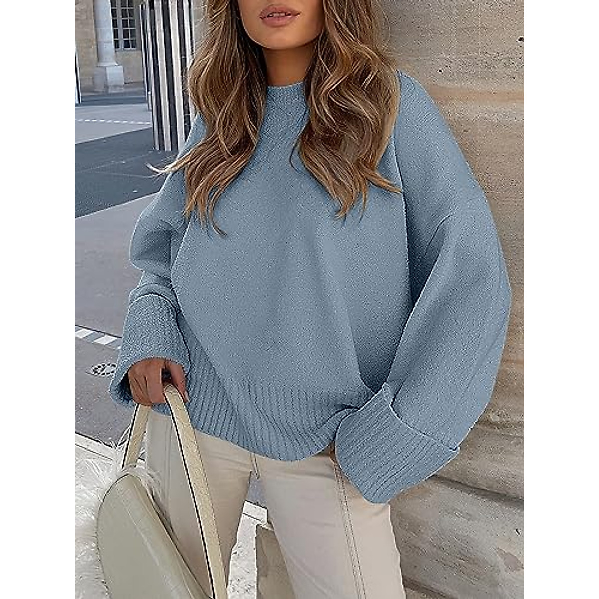 ANRABESS Women's Oversized Crewneck Long Sleeve Fuzzy Knit Casual Chunky Warm 2025 Fall Pullover Sweaters Top Trendy Outfits Grey Blue Large