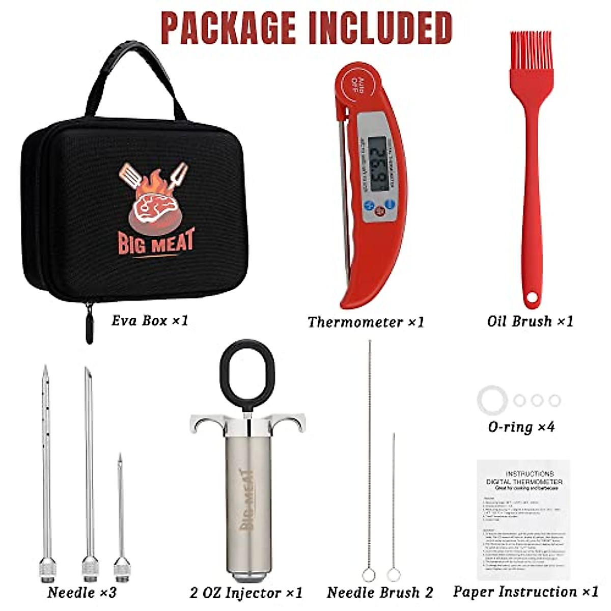 Big Meat Injectors For Smoking - Stainless Steel Meat Injector Syringe Starter Kit, 2oz Marinade Injector Gift Set with 3 Needles, Food Thermometer & Basting Brush - Food Injector
