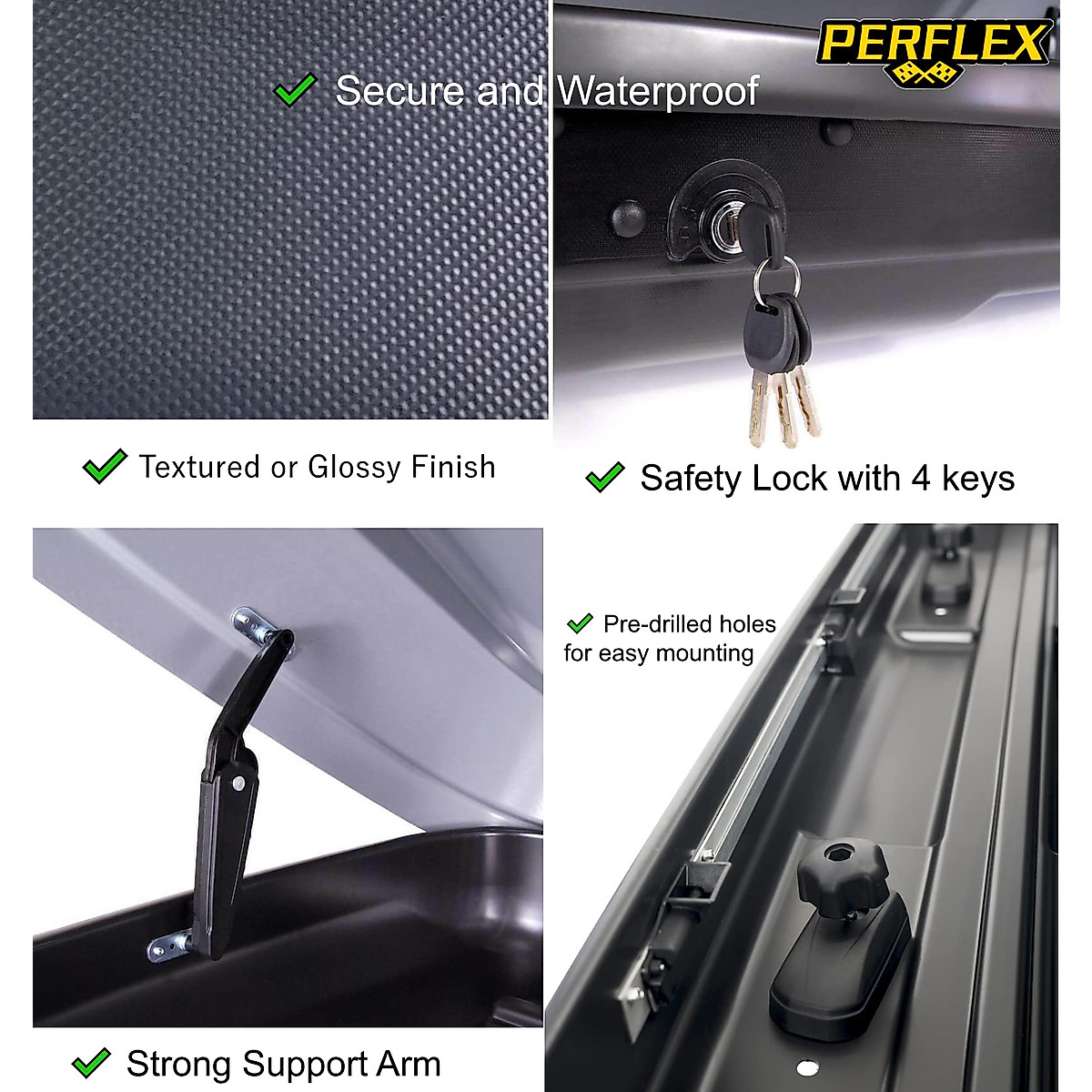 Perflex Bosphorus Rooftop Cargo Box Carrier Large 17 Cubic Feet Car Top Mount Travel Luggage Storage, Dual Side Opening, 130 Lbs Weight Capacity, Extra Keys, Straps (Black)