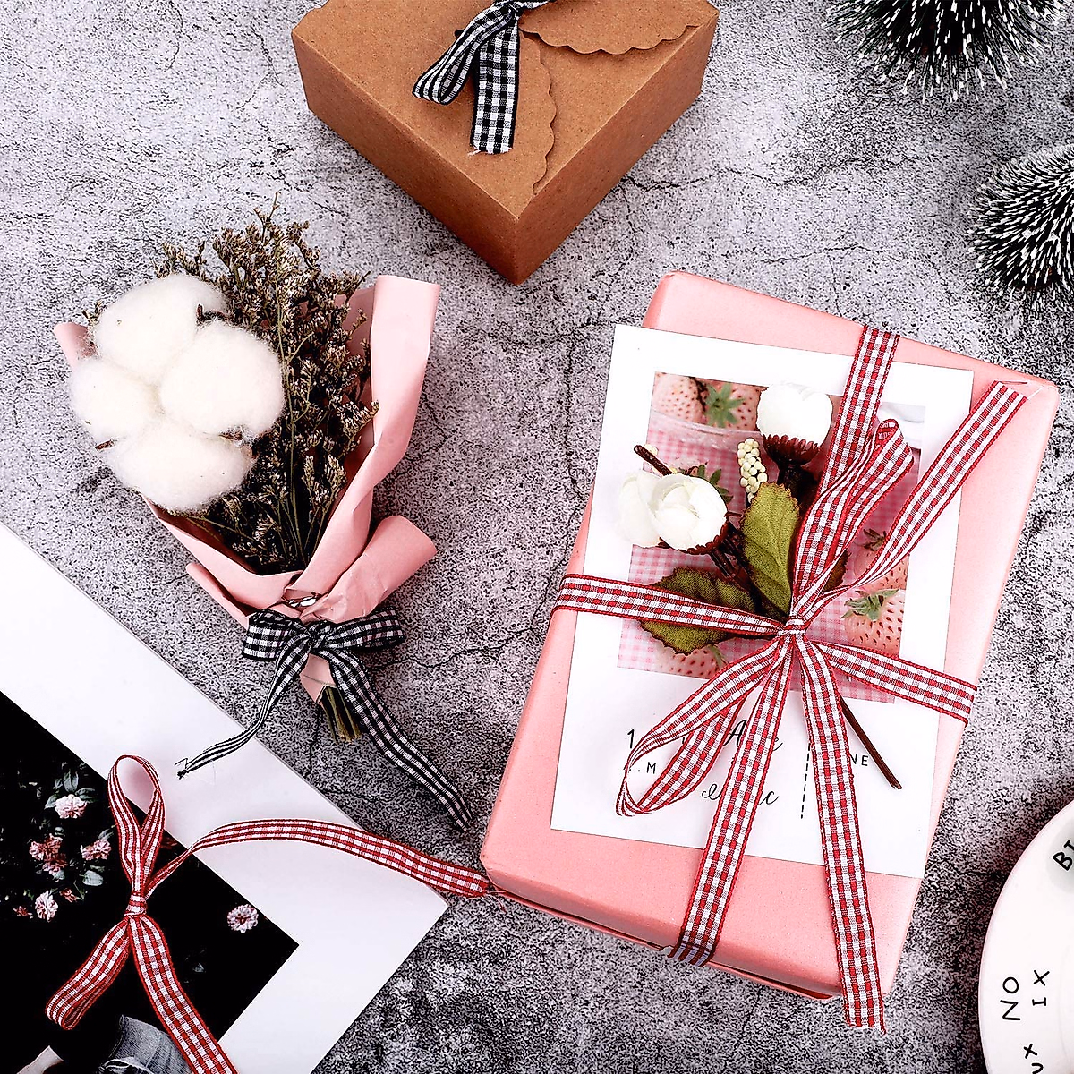 Red and White Gingham Ribbon, 5/8" x 25Yd Roll Picnic Craft Ribbon Red Buffalo Ribbon for Crafts Hair Accessories Craft and Christmas Gift Wrapping,5/8 Inch Polyester Woven Edge +60" Tape Measurement