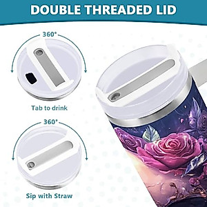 Slewiaeky Tumbler with Handle 40 oz Kawaii Goth Skull Rose Travel Mug with Lid and Straw Stainless Steel Vacuum Insulated Water Bottle Cup for Iced Tea Coffee Cold Beverages Cup Holder Friendly