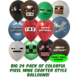 Party Ninja 24 Pack of Extra Large Pixel Miner Crafting Birthday Balloons - Double Sided Prints - 12" Party Balloons For Birthday Party Decorations