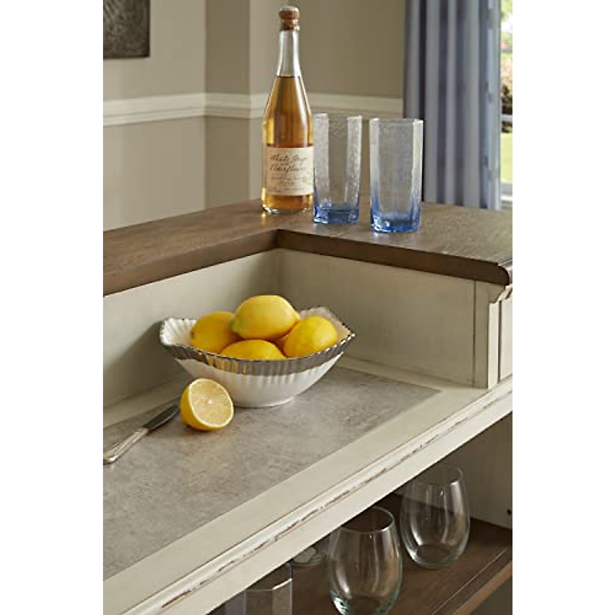 Signature Design by Ashley Realyn French Country Bar with Metal Footrest, White & Beige