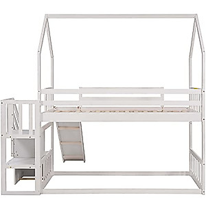 BOVZA Twin Over Twin House Bunk Bed with Convertible Slide, Wood Bunk Bed Frame with Stairs and Roof for Kids, Teens, Girls, Boys, White